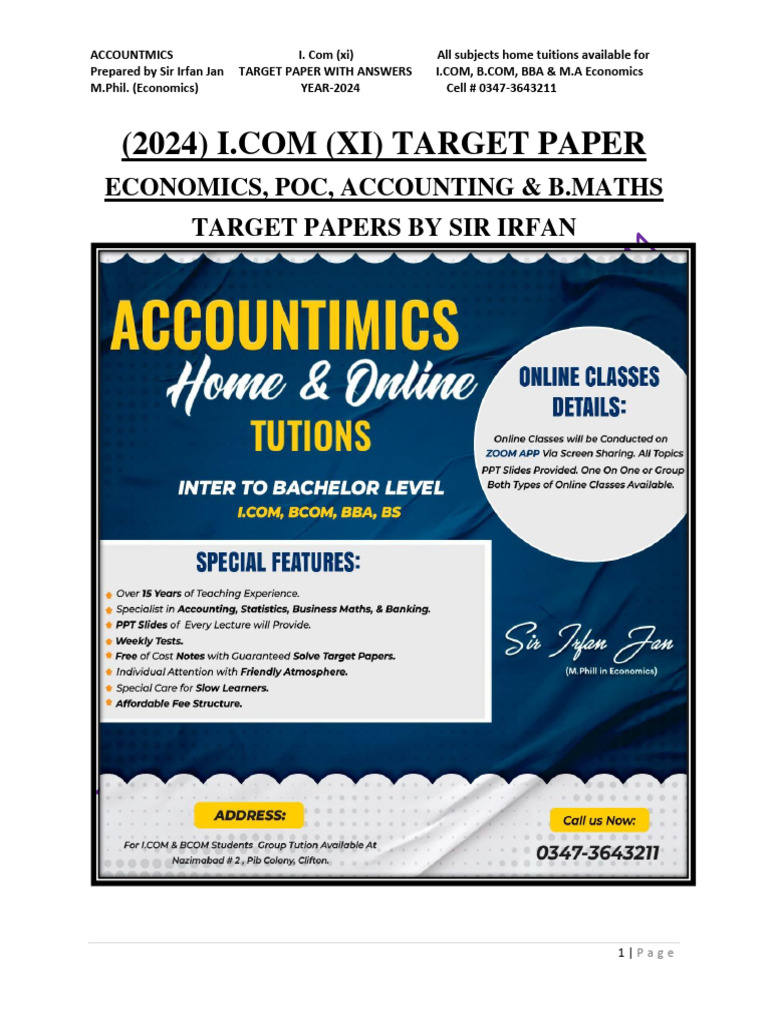 (Xi) 2024 Target Paper Eco, Poc, Acc & BM by Sir Irfan | PDF | Perfect ...