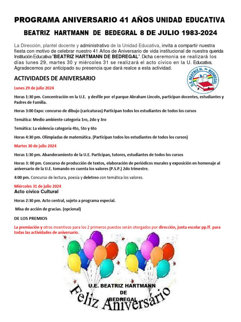 PROGRAMA ANIVERSARIO 41 AÑOS UNIDAD EDUCATIVA 2024 B.H.B. | PDF