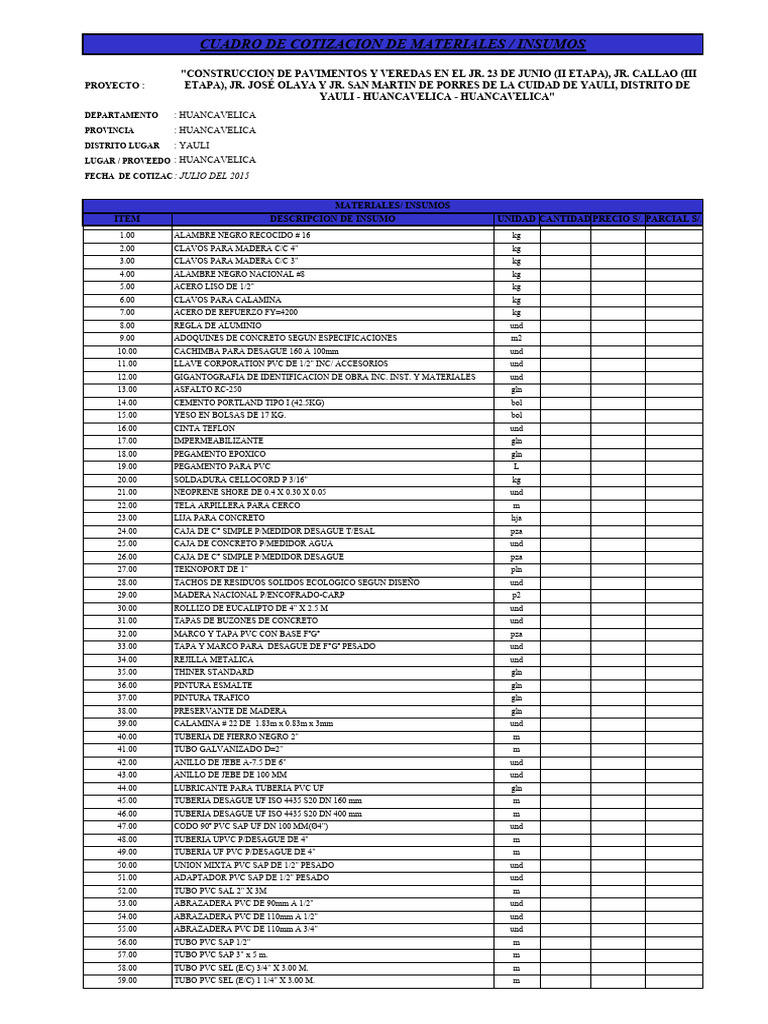 Cotizacion de Materiales | PDF | Ingeniero civil | Procesos industriales