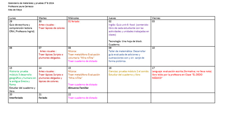 Calendario 3Â° B Mayo | PDF