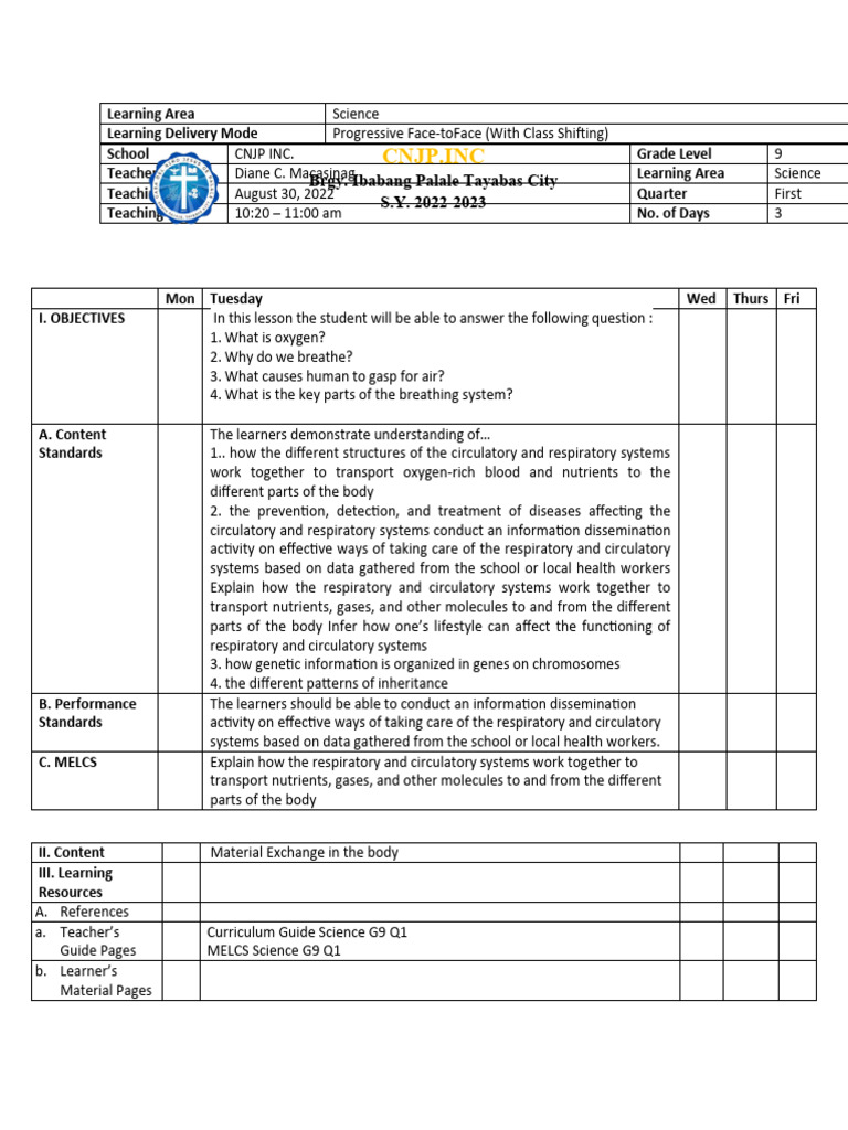 Science 9 Q1 W1 | PDF | Lung | Breathing