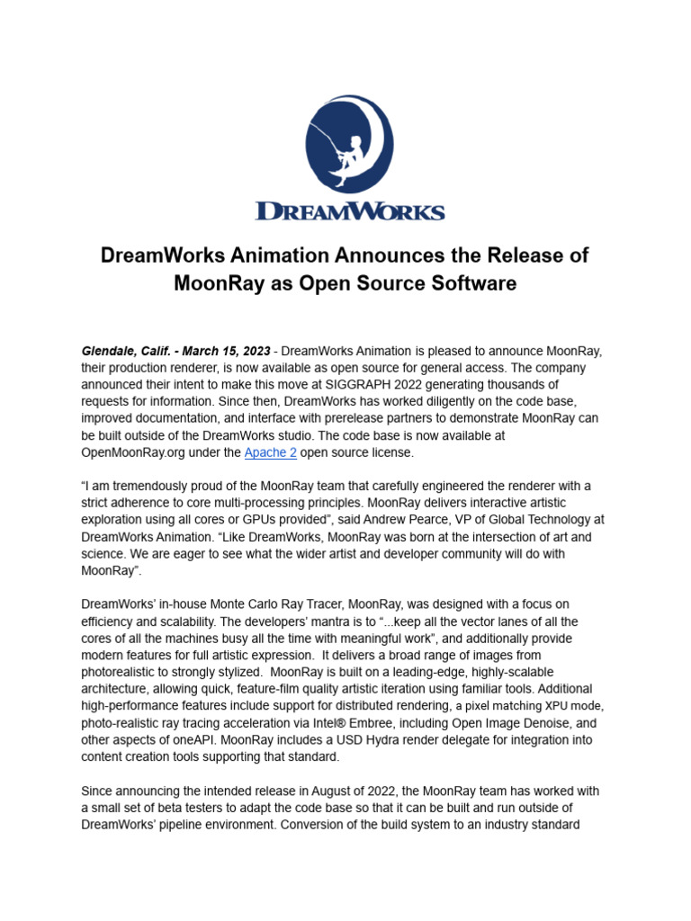 MoonRay Open Source Launch Press Release | PDF | Dream Works Animation | Computing