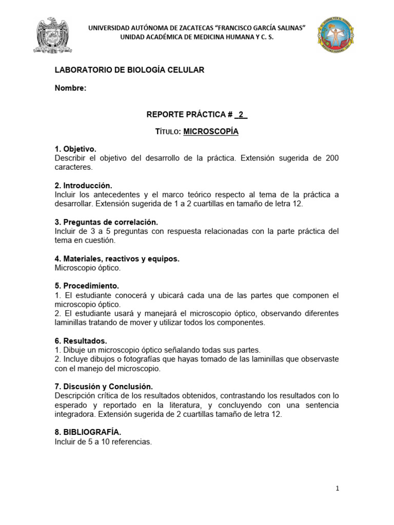 Estructura de Reporte BioCel Práctica 2 | PDF | Microscopio | Nanotecnología