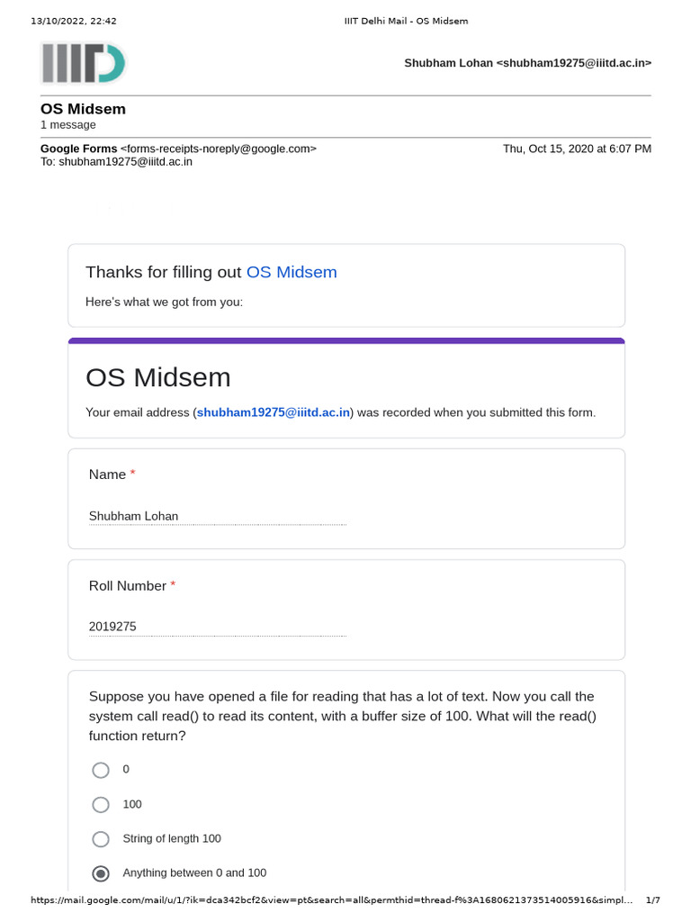 IIIT Delhi Mail - OS Midsem | PDF | Scheduling (Computing) | Process (Computing)
