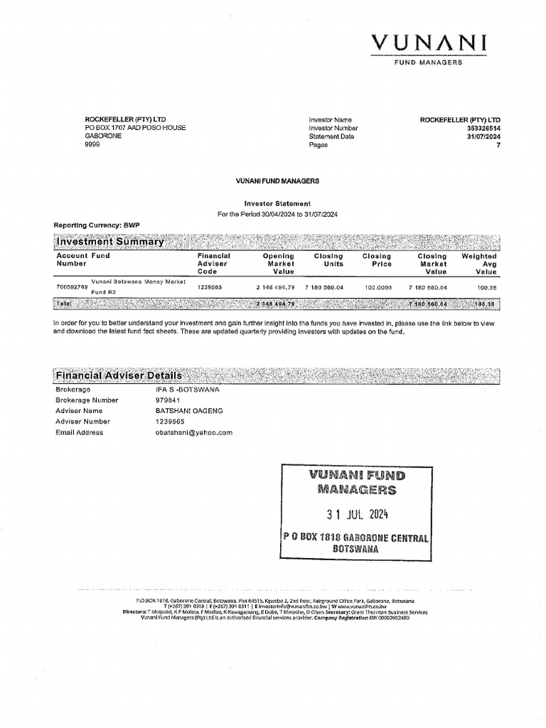 Rockefeller Investment Statement | PDF
