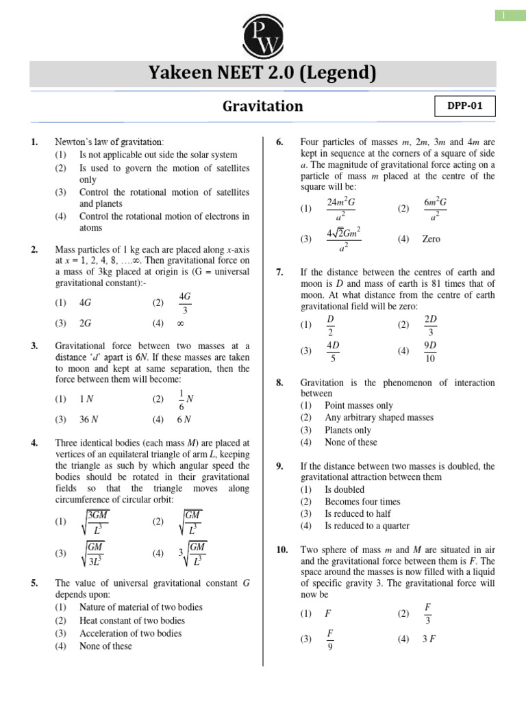 Gravitation DPP 01 Yakeen 20 2024 (Legend) | PDF | Force | Gravity
