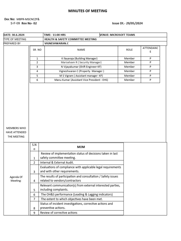MOM Safety Committee Meeting - Jun-2024 Final | PDF | Audit | Safety