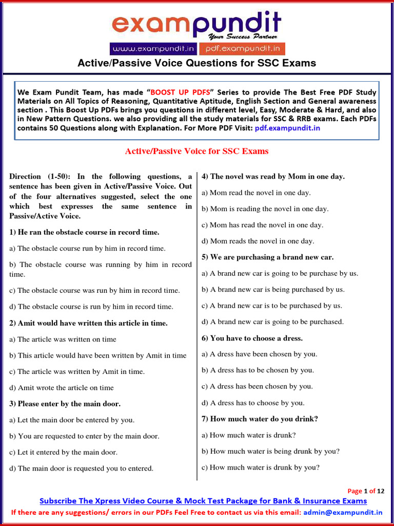 Active-And-Passive-Voice-Questions-For-Ssc-Exams I | PDF | Verb ...