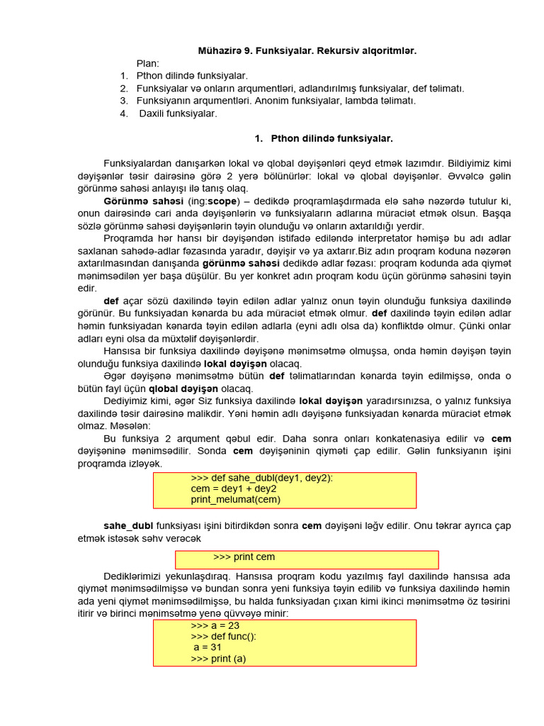 M9 PD1 Funksiyalar - Rekursiv Alqoritmlər | PDF