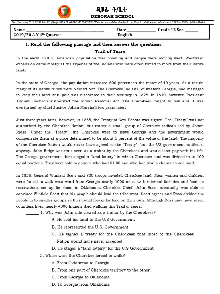 Grade 12 English Model Exam | PDF | Cherokee | Trail Of Tears