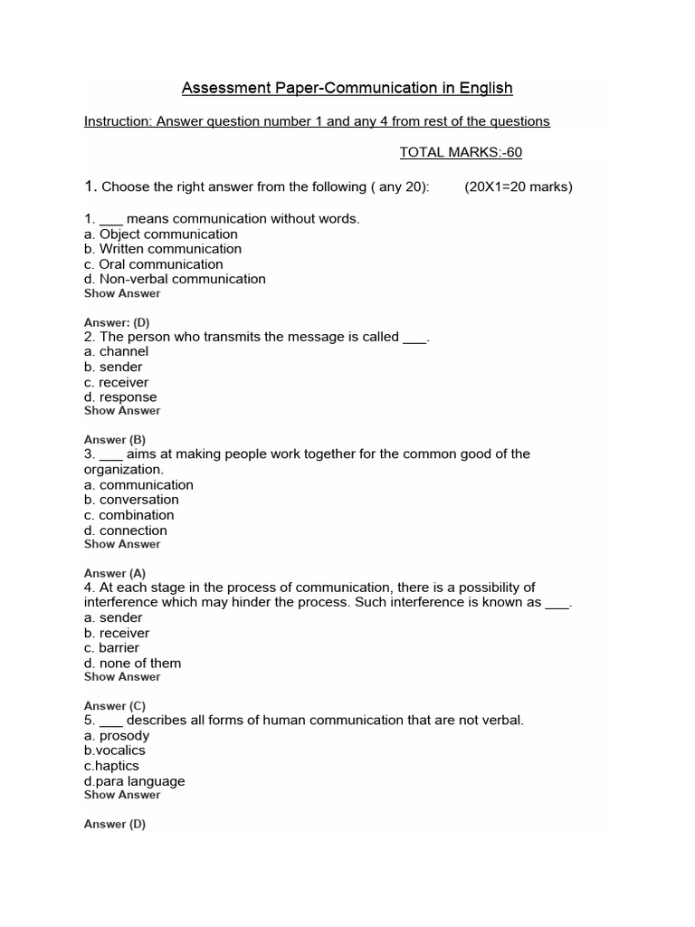Class Test-Communication in English With Answers | PDF | Communication