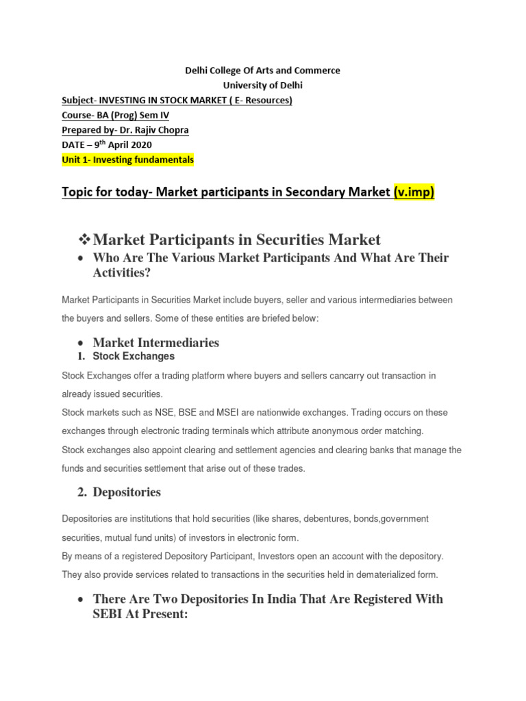 Participants in Stock Market | PDF | Securities (Finance) | Stocks