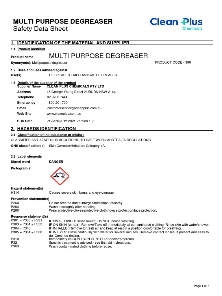 390 GHS Multi Purpose Degreaser | PDF | Safety | Occupational Safety ...