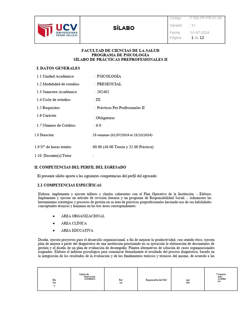 Ciclo Ix - Sílabo de Practicas Preprofesionales II - 2024 - II | PDF ...