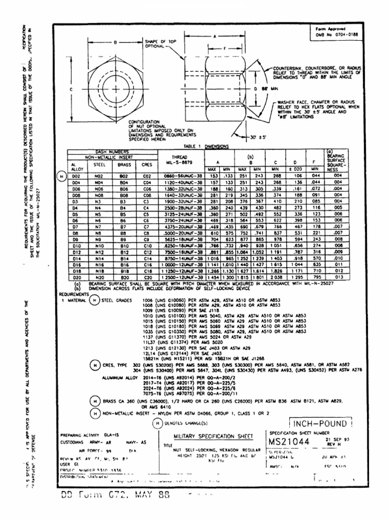 MS21044 Rev. H - Nut, Self-Locking, Hexagon, Regular Height, 250 Deg. F ...