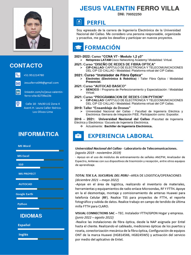 CV - Jesus Valentin Ferro Villa - 2023 | PDF | Telecomunicaciones | Electrónica