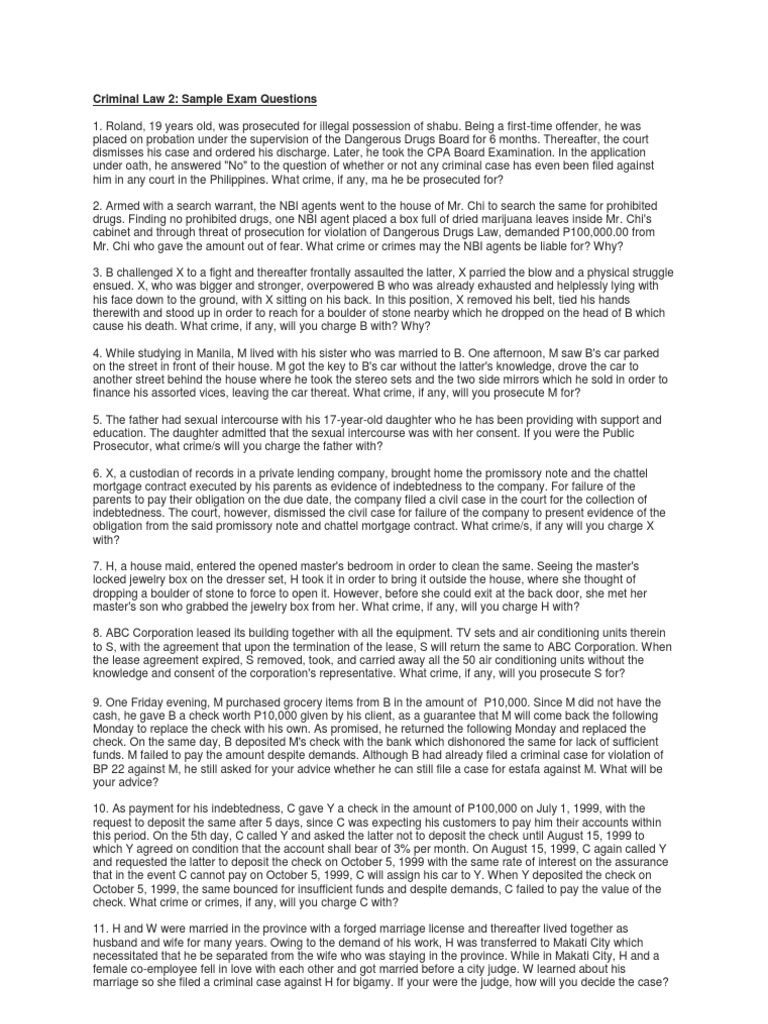 Criminal Law 2 Sample Exam Questions | PDF | Cheque | Prosecutor