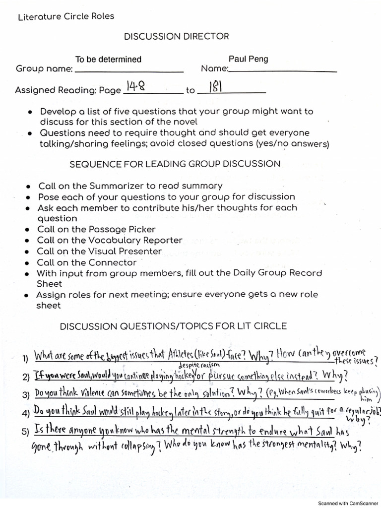 Discussion Director Template Literature Circles | PDF