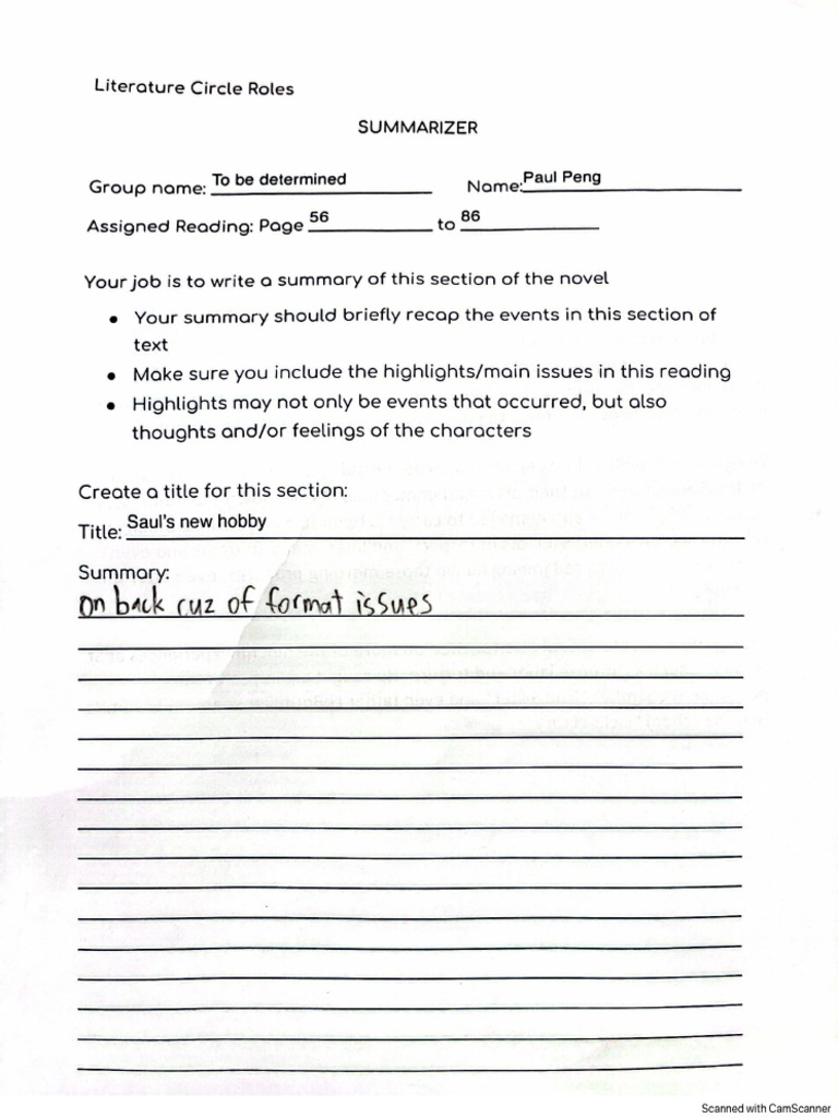 Summarizer Template Literature Circles | PDF