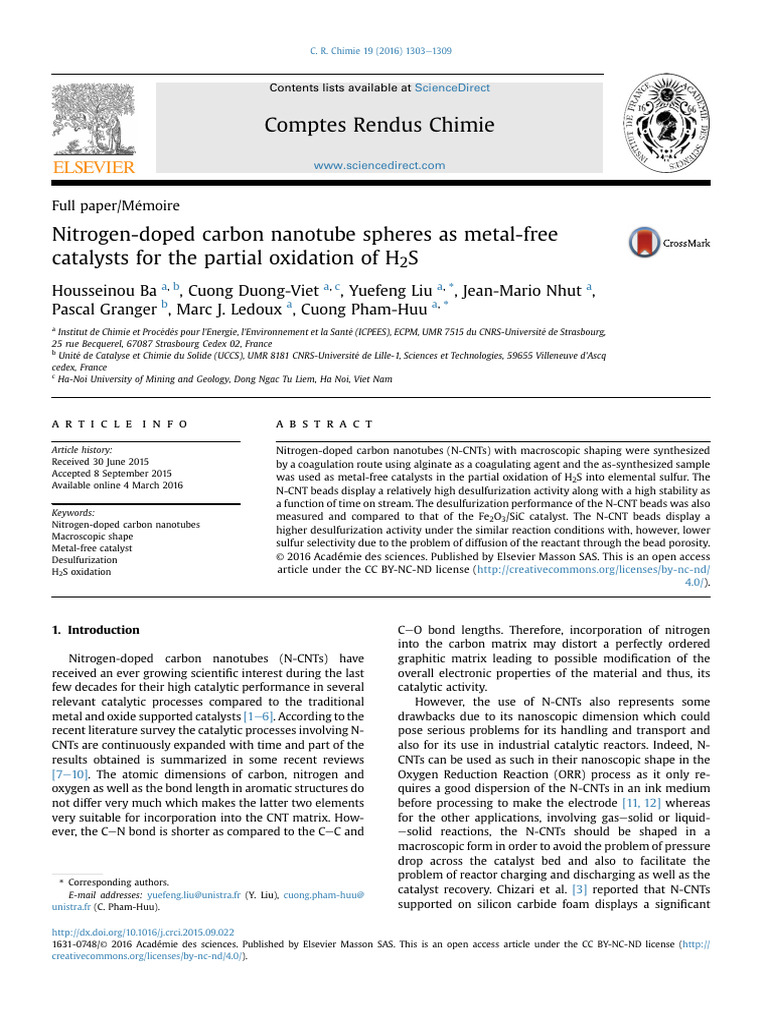 Nitrogen-Doped CNTs for H2S Oxidation | PDF | Carbon Nanotube | Catalysis
