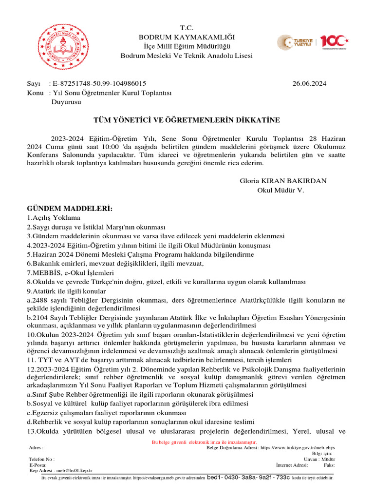 Sene Sonu Öğretmenler Kurul Toplantısı Duyuru - Udf | PDF