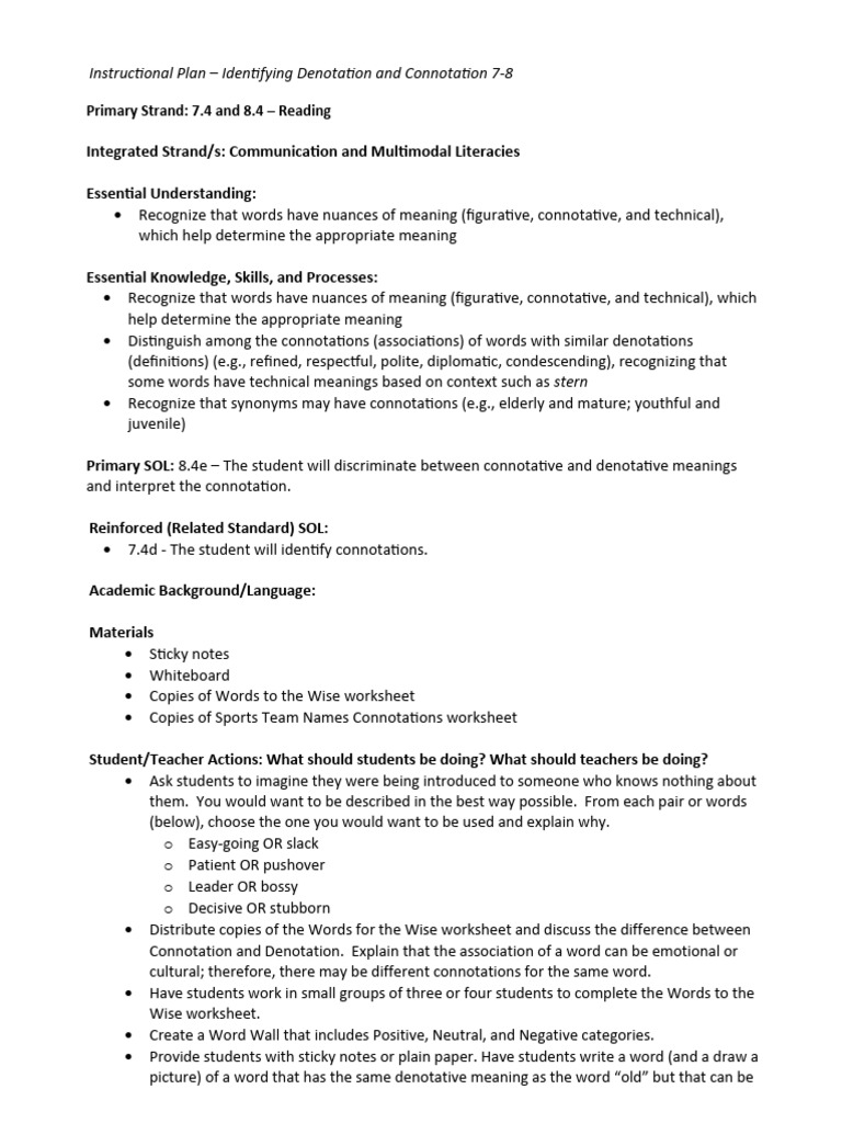 Denotation and Connotation Lesson Plan | PDF | Behavior Modification ...