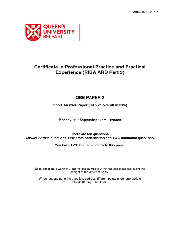 RIBA Part 3 Short Answer Exam Guide | PDF | Architect