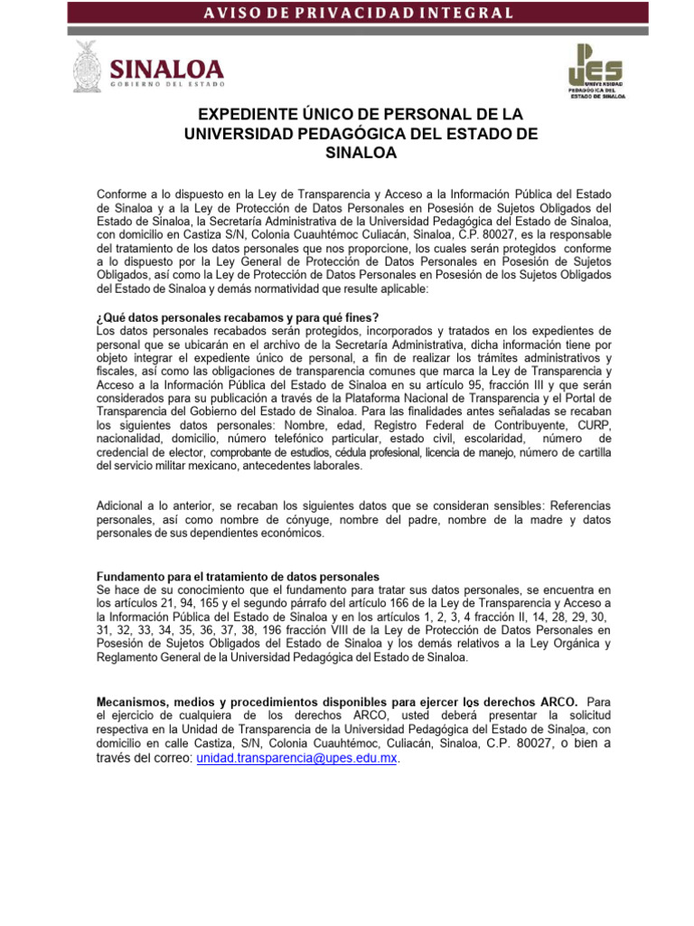 Aviso de Privacidad UPES Sinaloa | PDF | Gobierno | Justicia