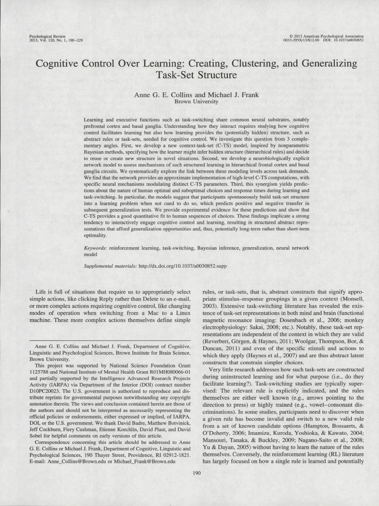 Cognitive Control Over Learning Creating, Clustering, and Generalizing Task-Set Structure | PDF ...