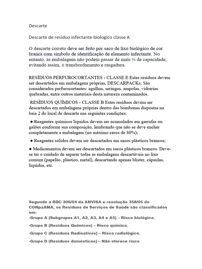 Descarte de residuo infectante biologico classe A | PDF | Desperdício