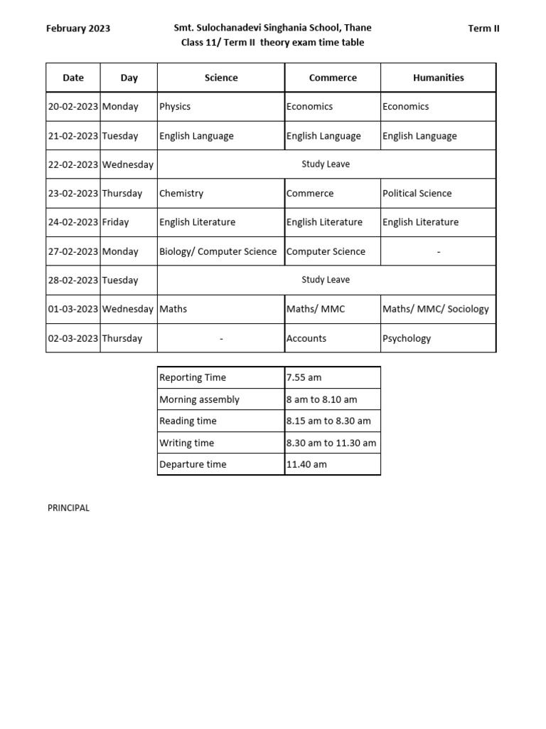 11th Term II Exam Time Table | PDF