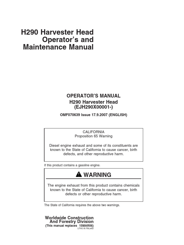 H290 Harvester Head Operator's and Maintenance Manual: Warning | PDF ...