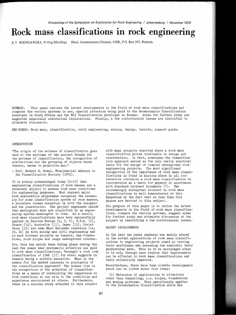 Rock Mass Classification in Rock Engineering 1976 Bieniawski | PDF