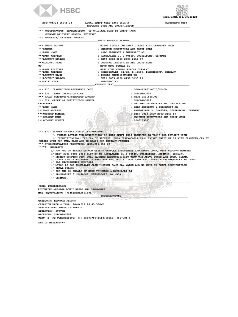 HSBC MT103 Transfer Confirmation | PDF | Banking | Money