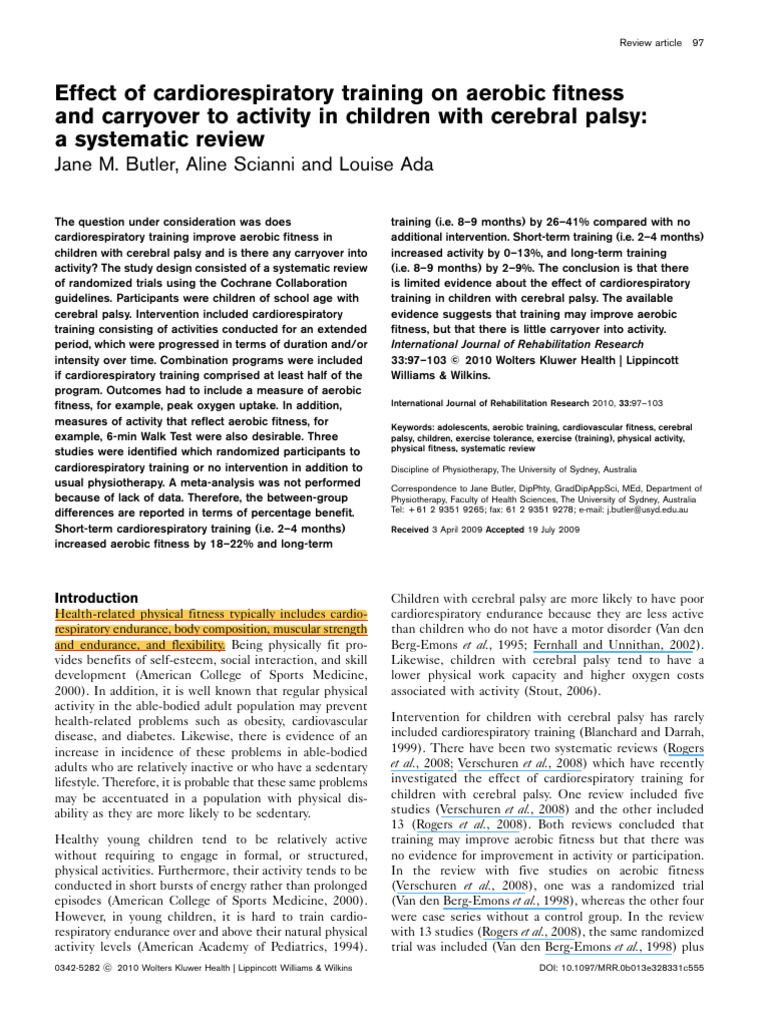 Effect of Cardiorespiratory Training On Aerobic Fitness and Carryover To Activity in Children ...