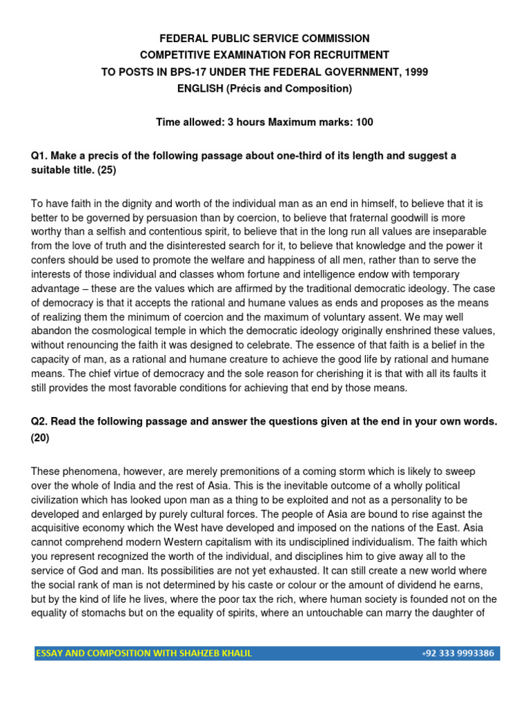 Precis & Composition Past Paper 1999 - Shahzeb Khalil | PDF | Faith