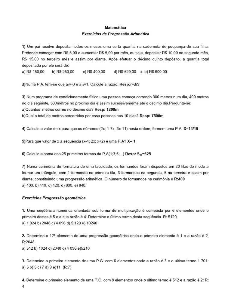 Exercicios Pa e PG | PDF | Sequência | Matemática