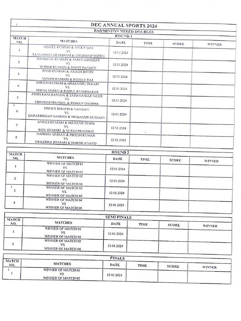 Badminton Mixed Doubles Fixture | PDF