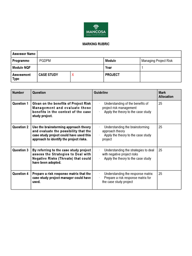 Project Risk Management Assessment Rubric | PDF | Risk | Rubric (Academic)