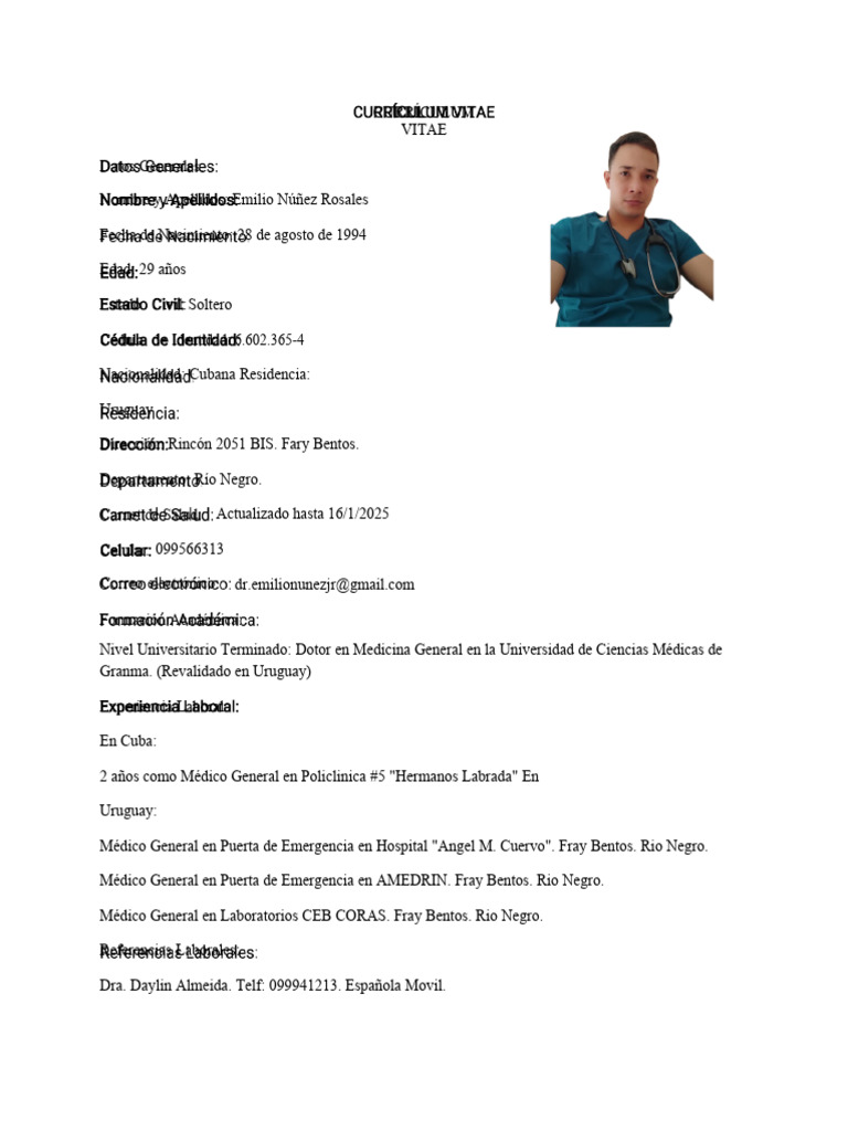 CV. Dr. Emilio Núñez Uy | PDF | Documento de identidad | Uruguay