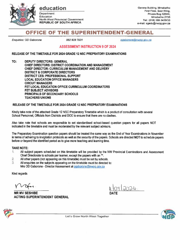 Assessment Instruction 09 of 2024 - Prep Time Table - 1 | PDF