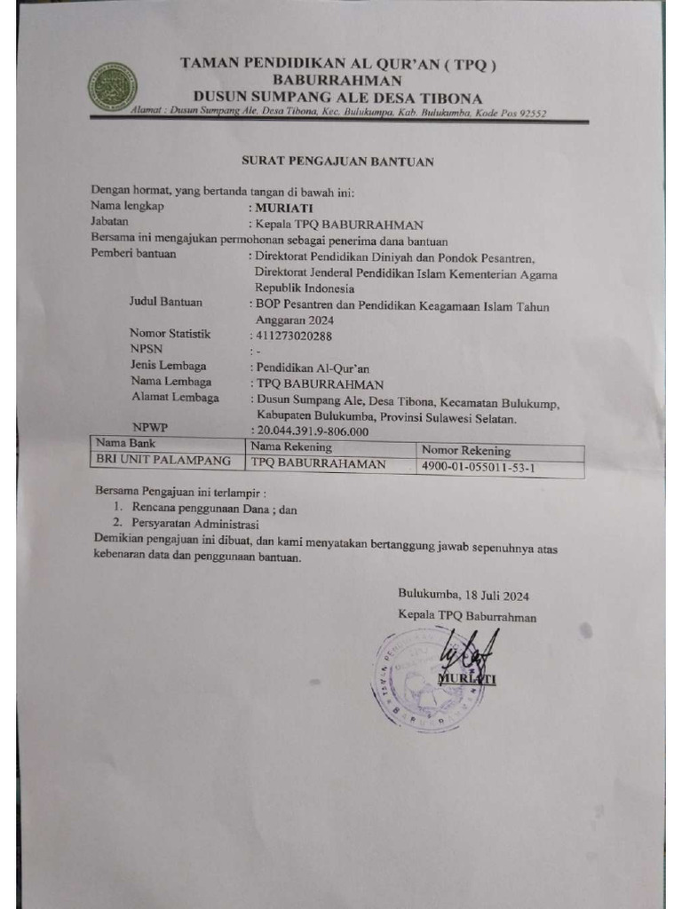 SURAT PENGAJUAN TPQ BABURRAHMAN - Compressed | PDF