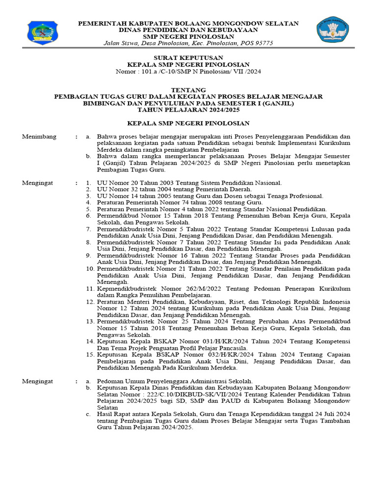 SK Pembagian Tugas Mengajar SMTR Ganjil Tp. 2024-2025 | PDF