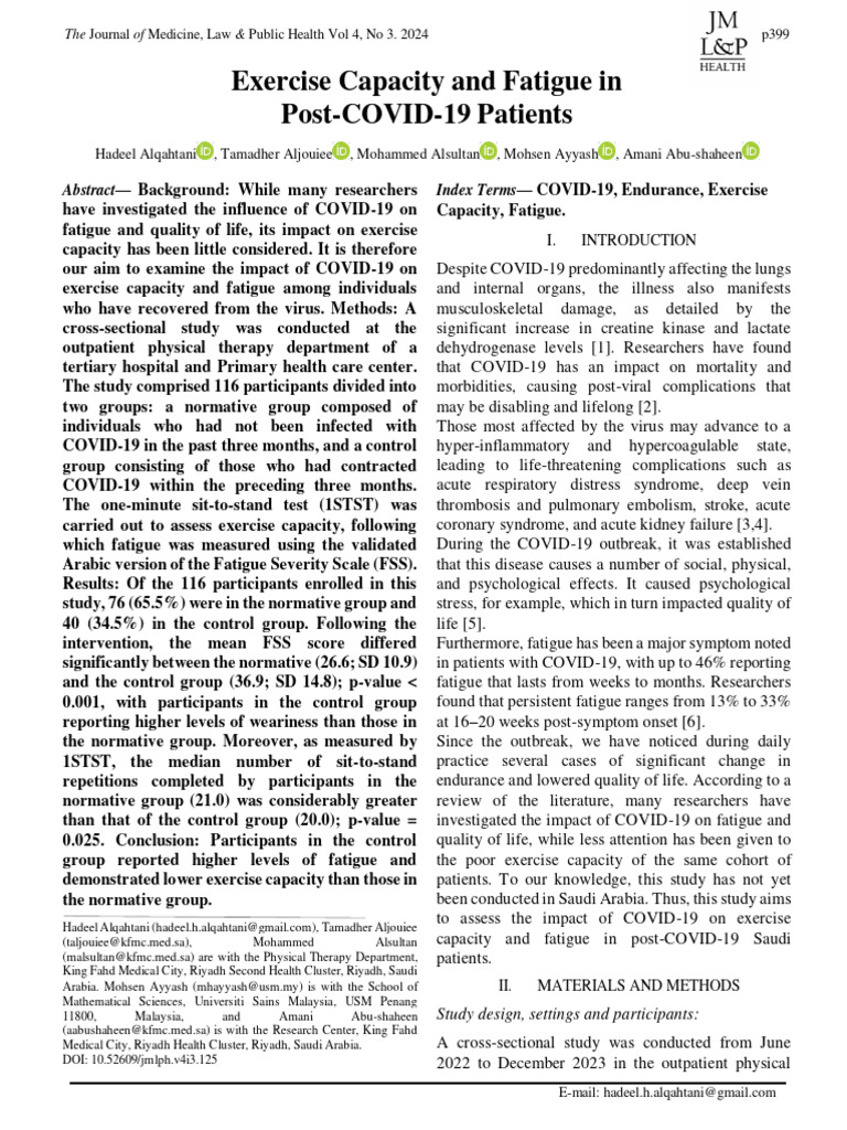 Exercise Capacity and Fatigue in Post-COVID-19 Patients | PDF | Clinical Medicine | Epidemiology