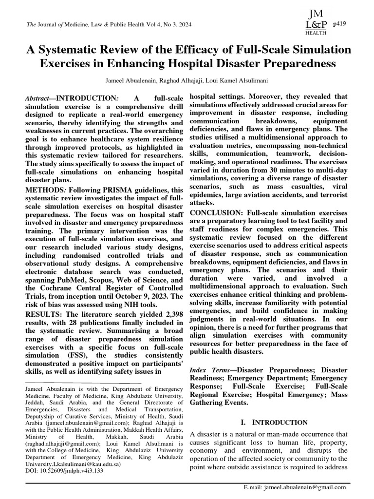 A Systematic Review of The Efficacy of Full-Scale Simulation Exercises in Enhancing Hospital ...