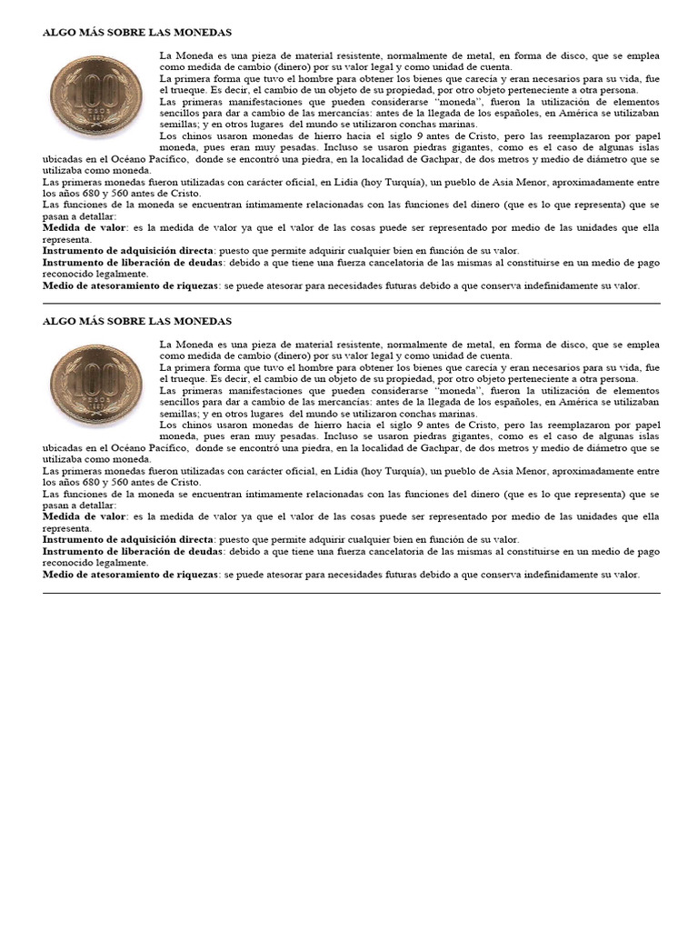 Historia y Funciones de la Moneda | PDF | Monedas | Moneda