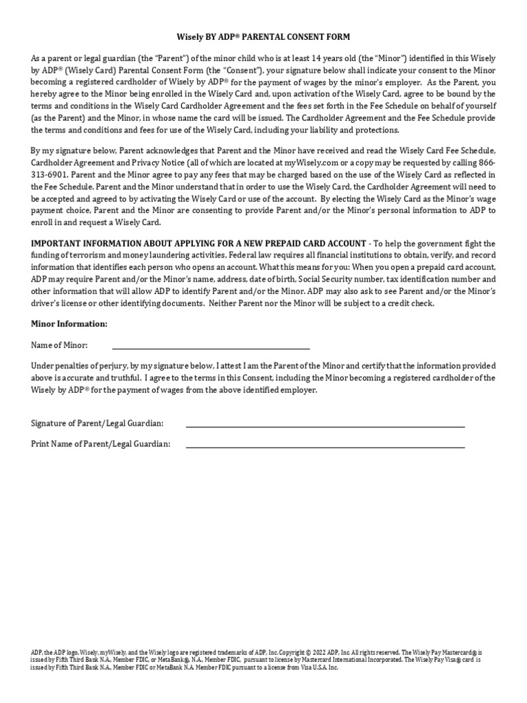 Wisely Card Parental Consent Form | PDF | Visa Inc. | Debit Card