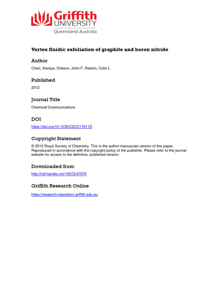 Vortex Fluidic Exfoliation of Graphite A | PDF | Graphene | Applied And ...