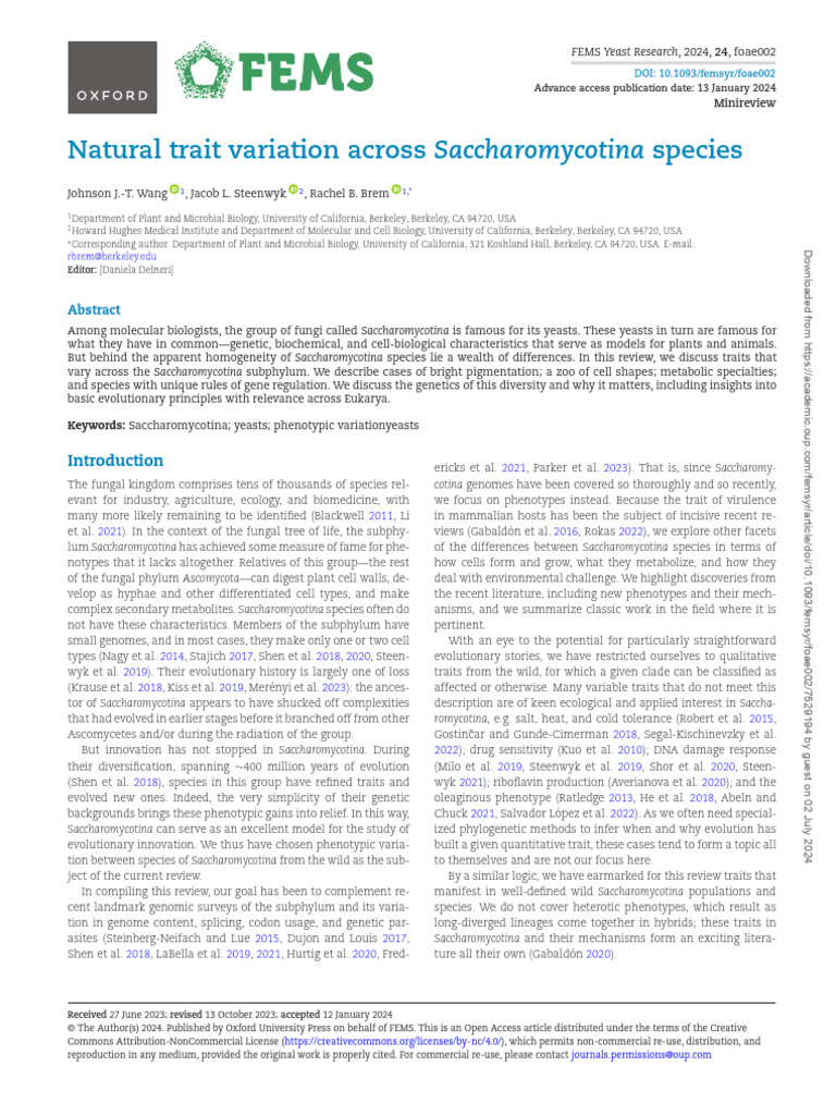 Variación de Rasgos Naturales Entre Especies de Saccharomycotina | PDF ...