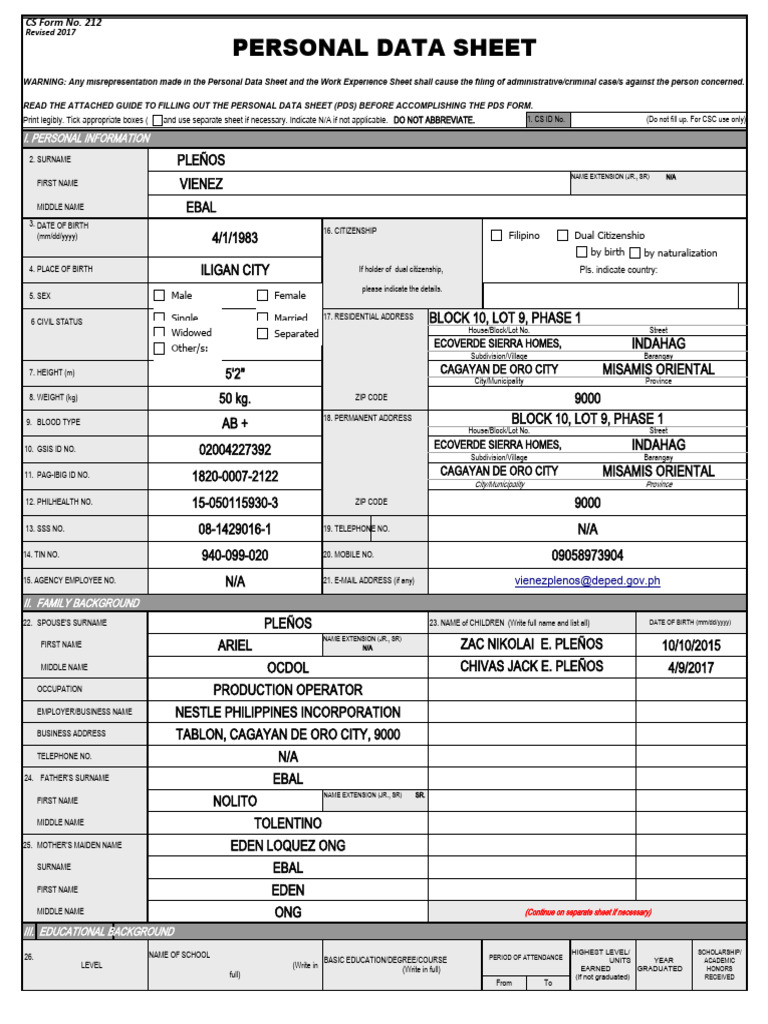 Personal Data Sheet (PDS) Template | PDF